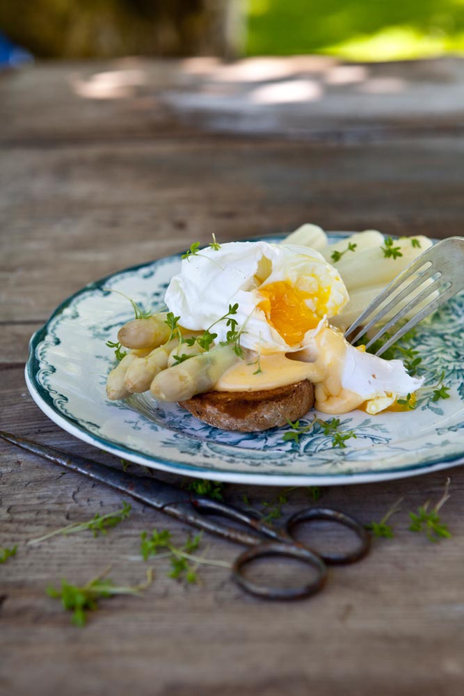 Vit sparris med pocherat ägg, citronhollandaise och krasse – Mat & Vänner